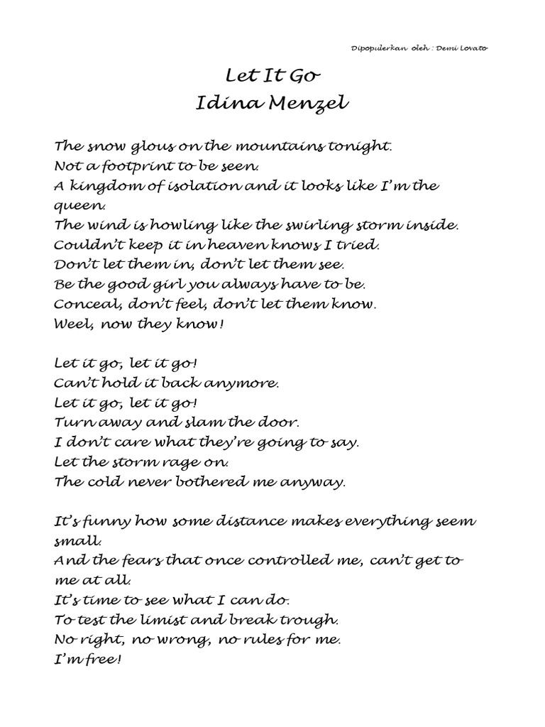 Let It Go Idina Menzel: Dipopulerkan Oleh: Demi Lovato | PDF | Mystery ...