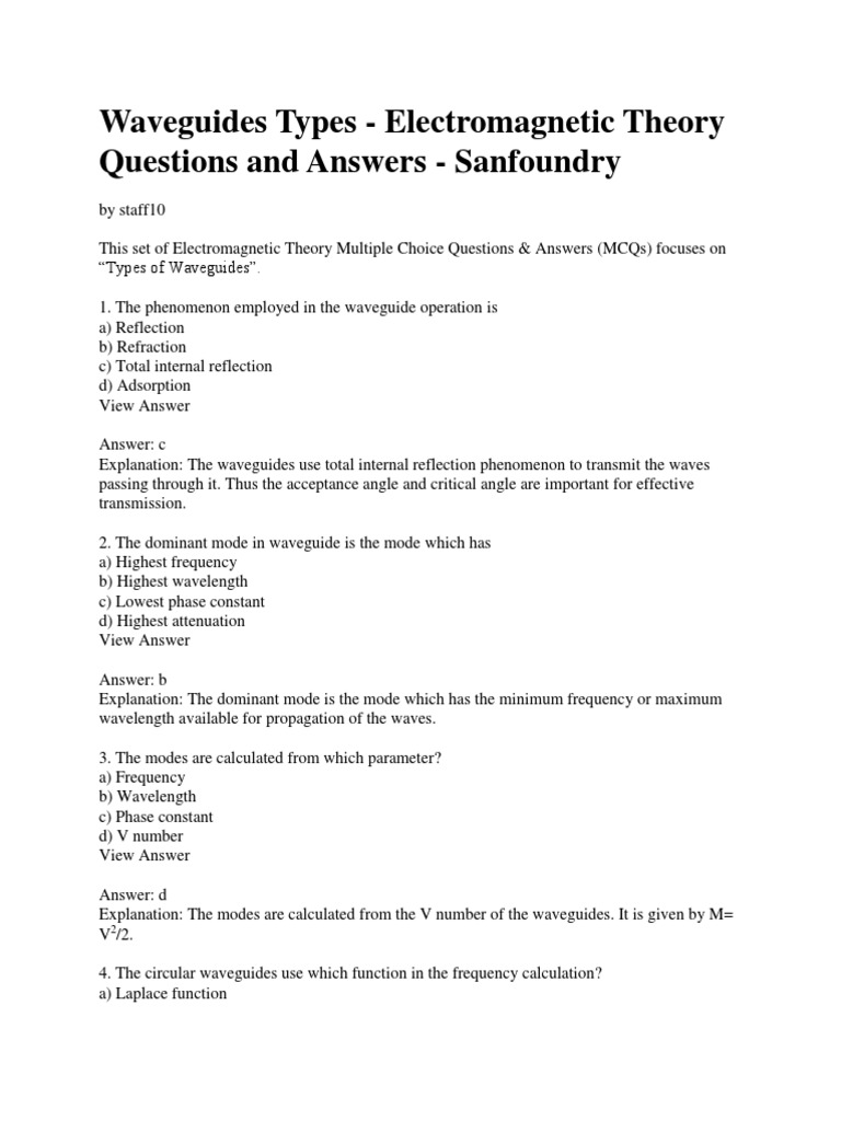 Waveguide Types and Properties MCQs | PDF | Waveguide | Transmission Line