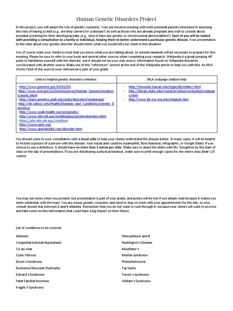 Genetic Disorders Project Rubric 17-18 | PDF | Genetic Disorder | Biology