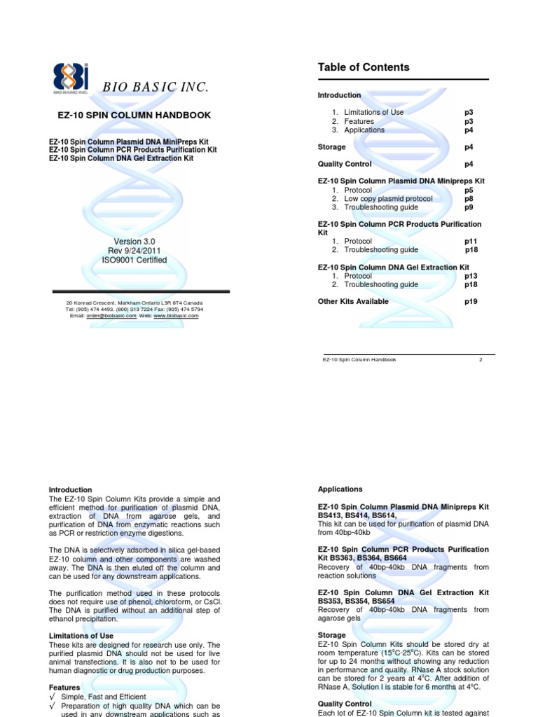 Bio Basic Inc.: Ez-10 Spin Column Handbook | PDF | Gel Electrophoresis ...
