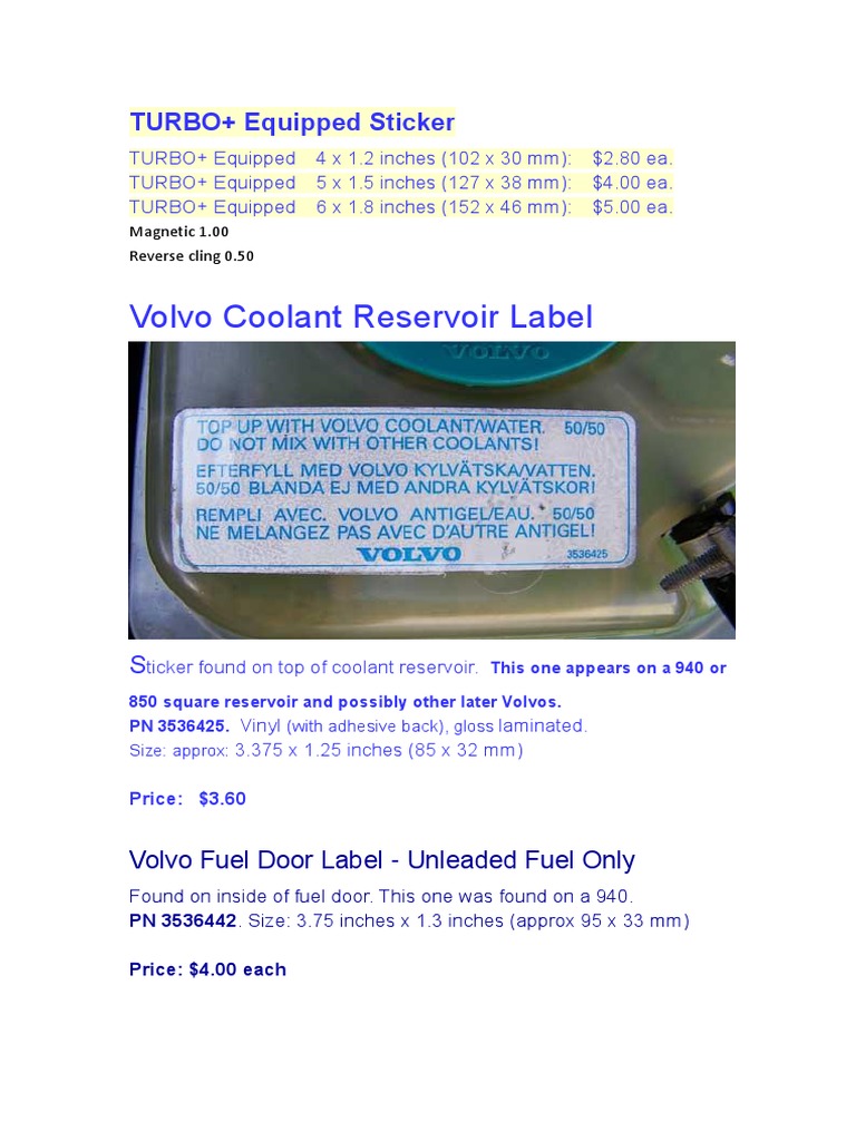 Volvo Coolant Reservoir Label: TURBO+ Equipped Sticker | PDF