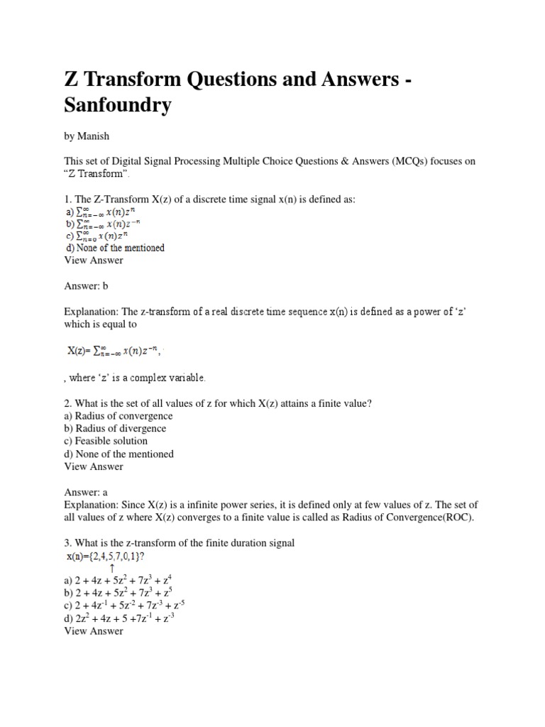 Questions & Answers On Z Transform and Its Application - Analysis of ...