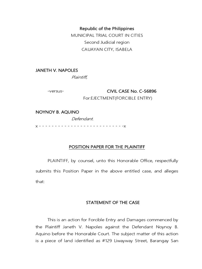 Position Paper - Plaintiff | PDF | Lawsuit | Damages