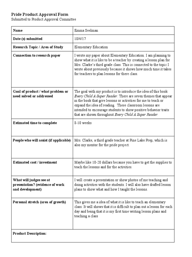 Product Approval Form | PDF | Lesson Plan | Quality Of Life