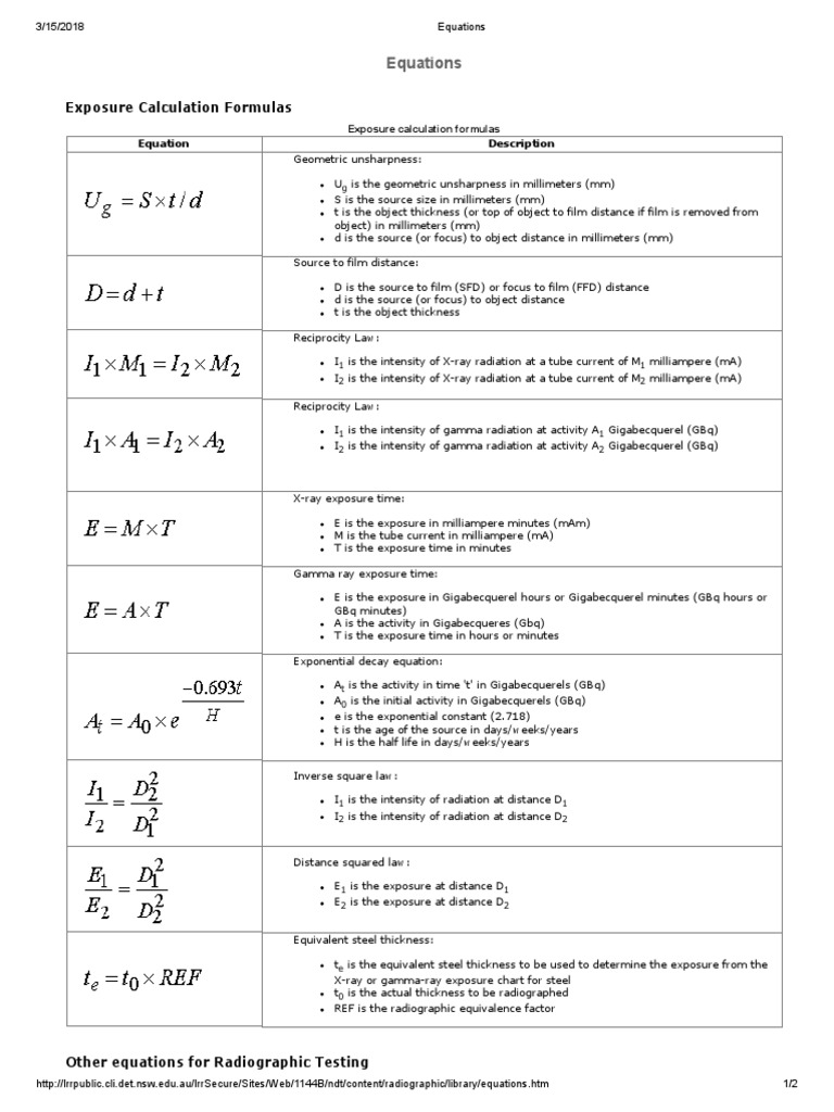 Equations: Exposure Calculation Formulas | PDF | Radiation | Radiography