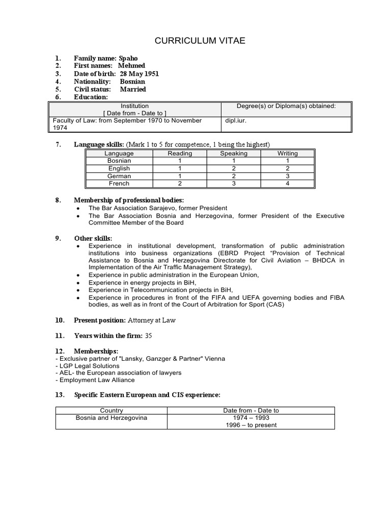 Curriculum Vitae | PDF | Bosnia And Herzegovina | Sarajevo