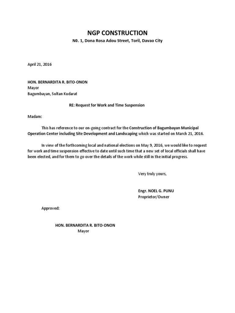 Bagumbayan - Request For Work and Time Suspension | PDF