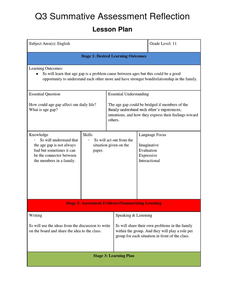 Q3 Summative Assessment Reflection: Lesson Plan | PDF | Lesson Plan ...