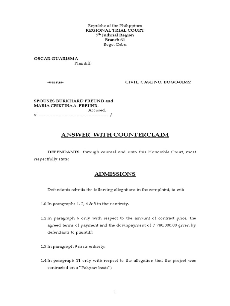 Answer With Counterclaim: Regional Trial Court 7 Judicial Region Branch ...