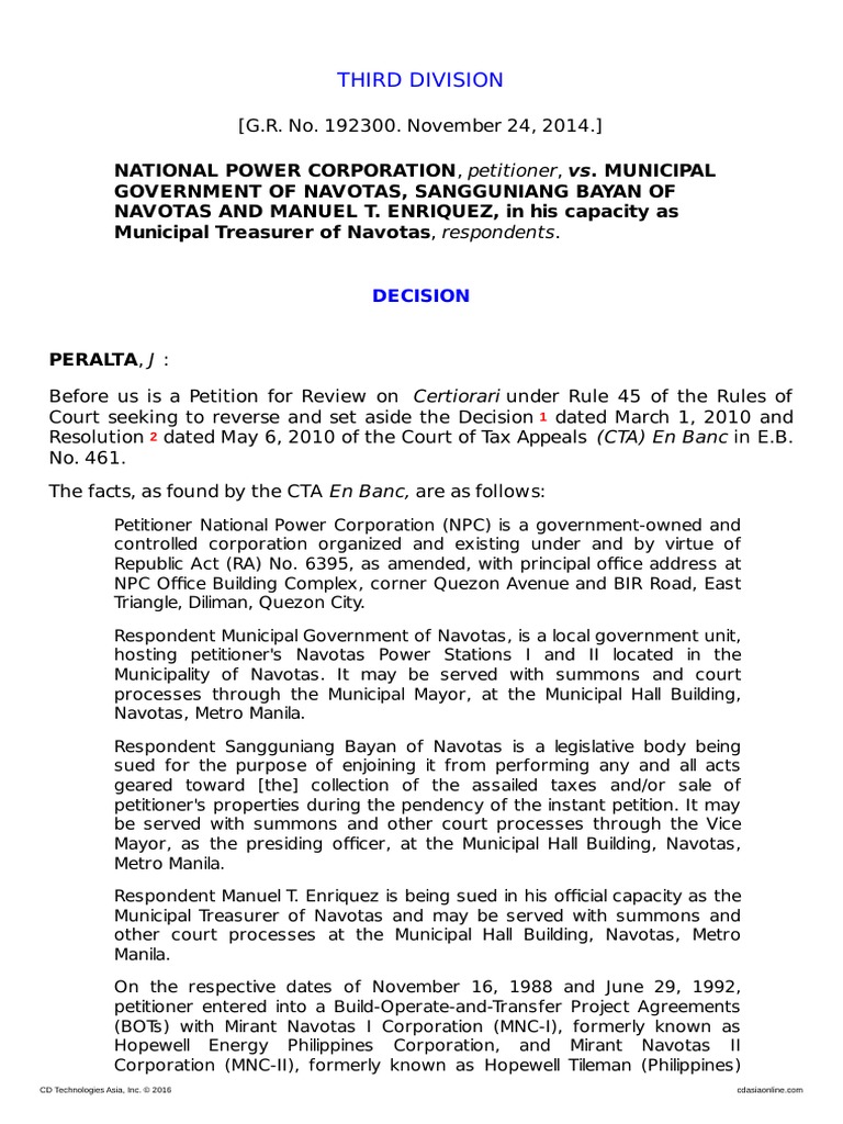 NPC v. Navotas City G.R. No. 192300 | PDF | Injunction | Jurisdiction