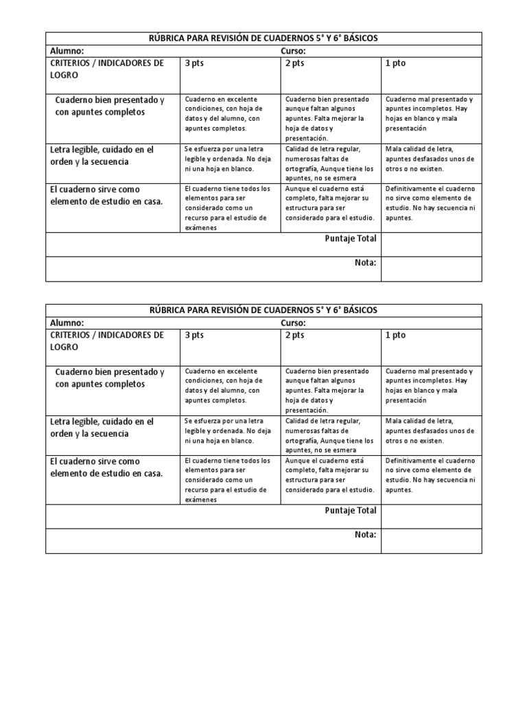 Rúbrica para Cuadernos 5° y 6° Básicos | PDF | Cuaderno | Science
