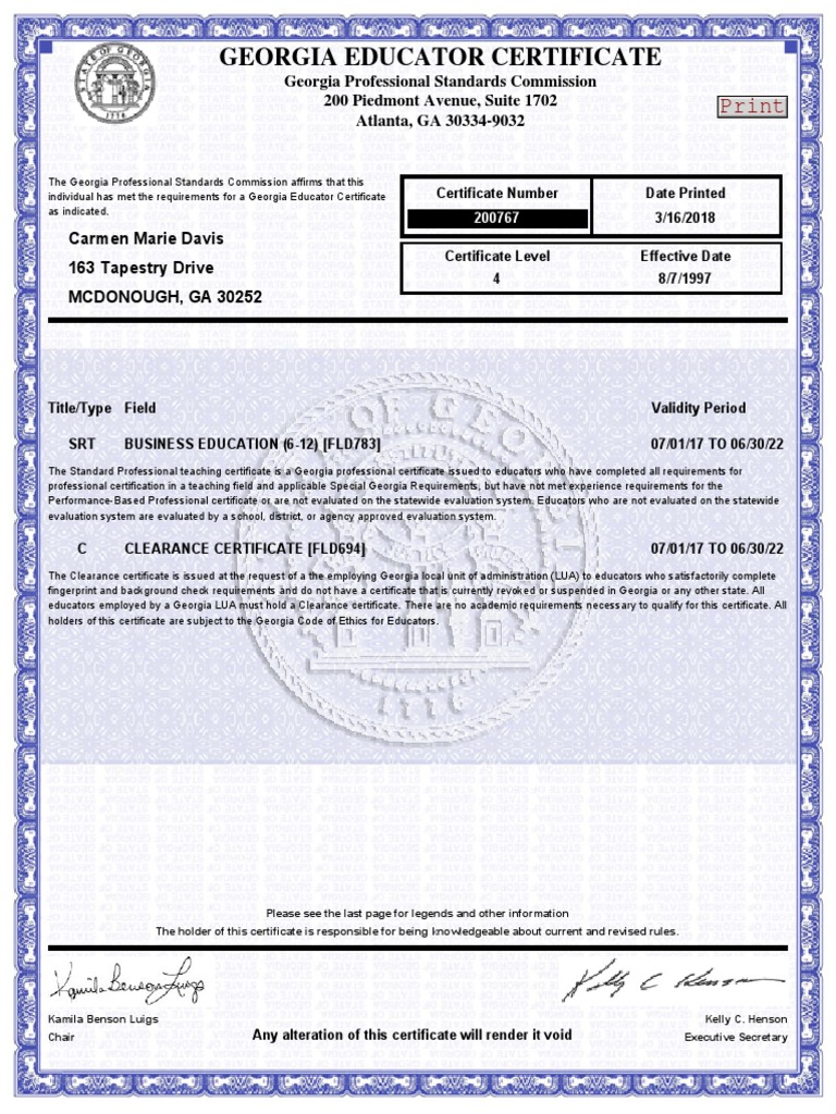 Georgia Educator Certificate: Print | PDF | Atlanta