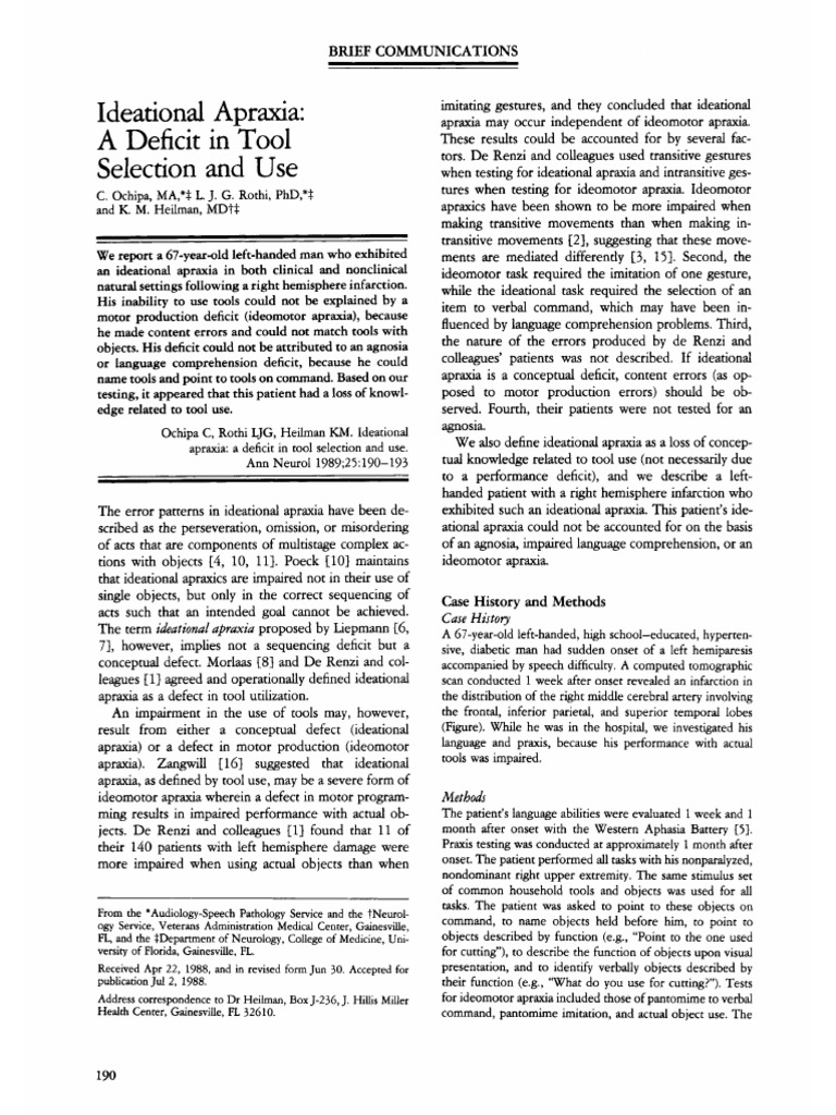 Ideational Apraxia: Tool Use Deficits | PDF | Aphasia | Nervous System