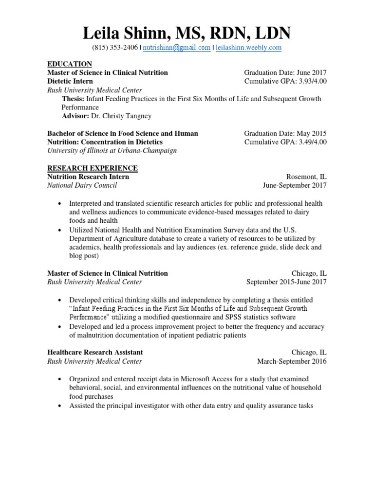 Leila Shinn CV | PDF | Dietitian | Nutrition