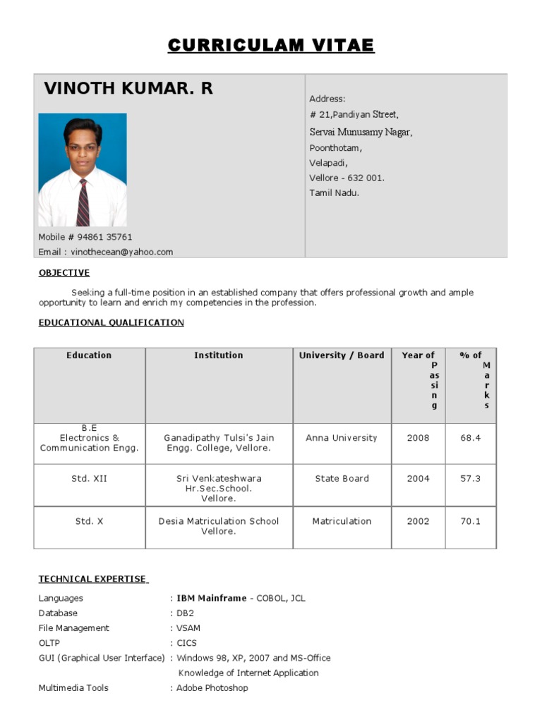 Vinoth Kumar Resume | Download Free PDF | Digital Technology | Computing