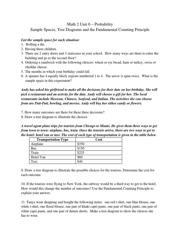 Math 2 Unit 6 - Probability Sample Spaces, Tree Diagrams and The ...