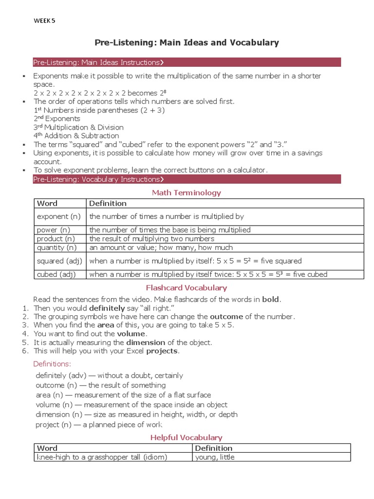 Pre-Listening: Main Ideas and Vocabulary | PDF | Multiplication ...