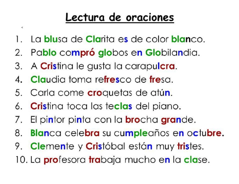 Lectura de Oraciones Silabas Trabadas | PDF