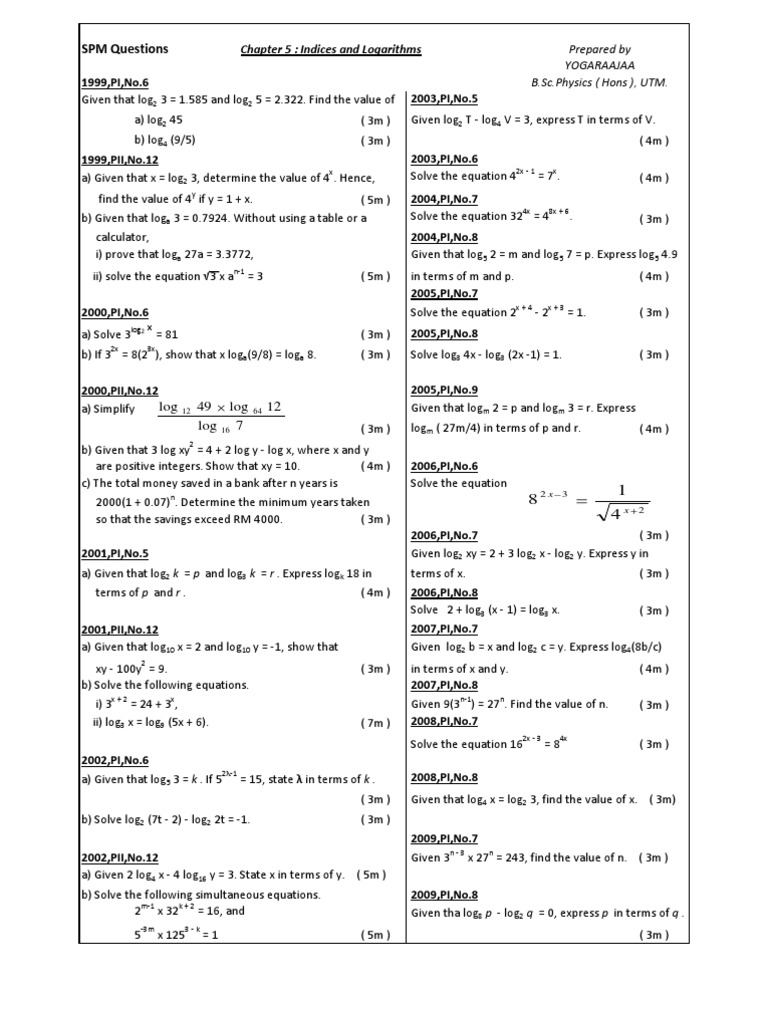 SPM Questions: Chapter 5: Indices and Logarithms | PDF | Equations ...