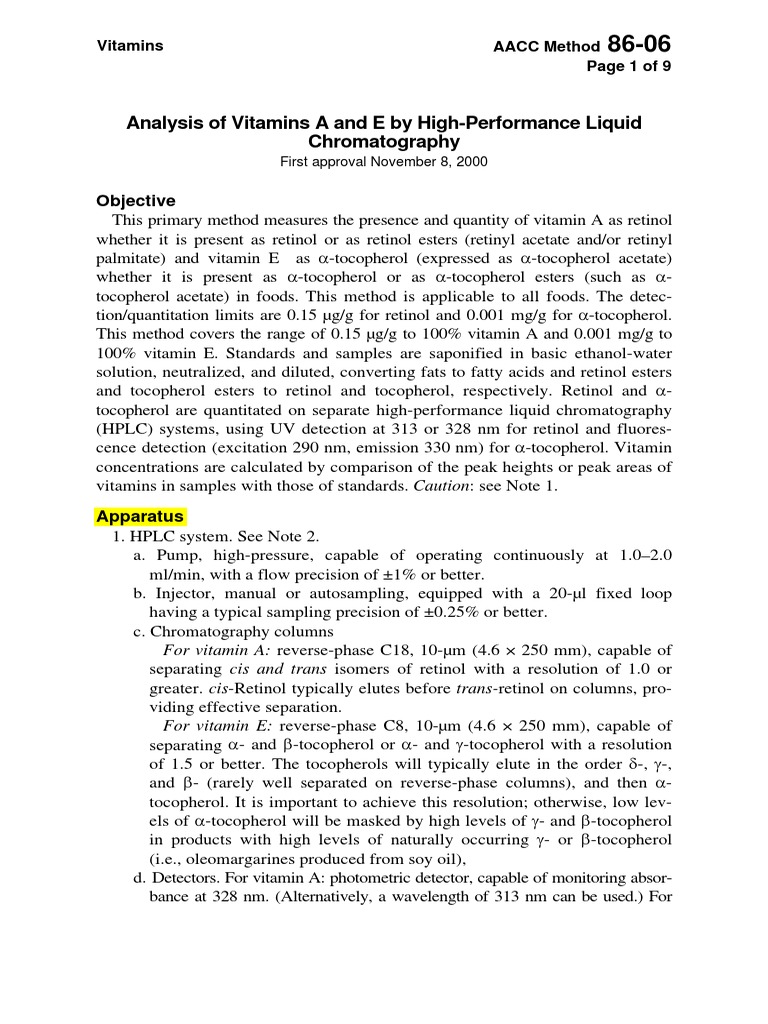 Analysis Of Vitamins A And E By Hplc Pdf High Performance Liquid Chromatography Vitamin A
