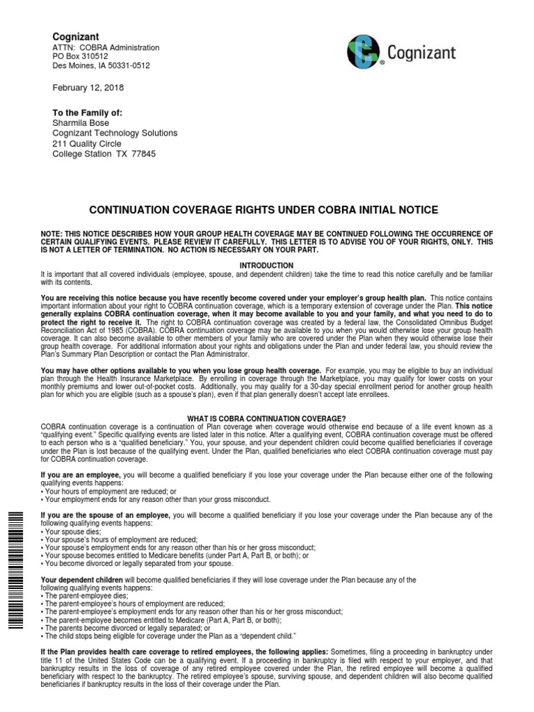COBRA Continuation Coverage Rights Notice | PDF | Consolidated Omnibus ...