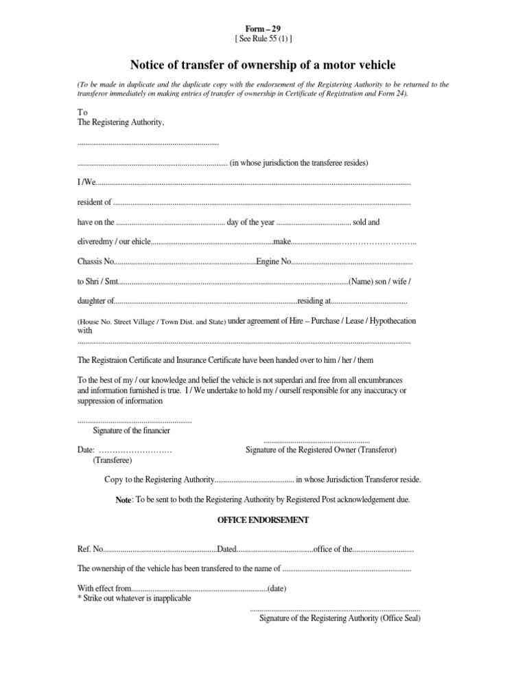 Notice of Transfer of Ownership of A Motor Vehicle: Form - 29 | PDF | Property Law | Civil Law ...