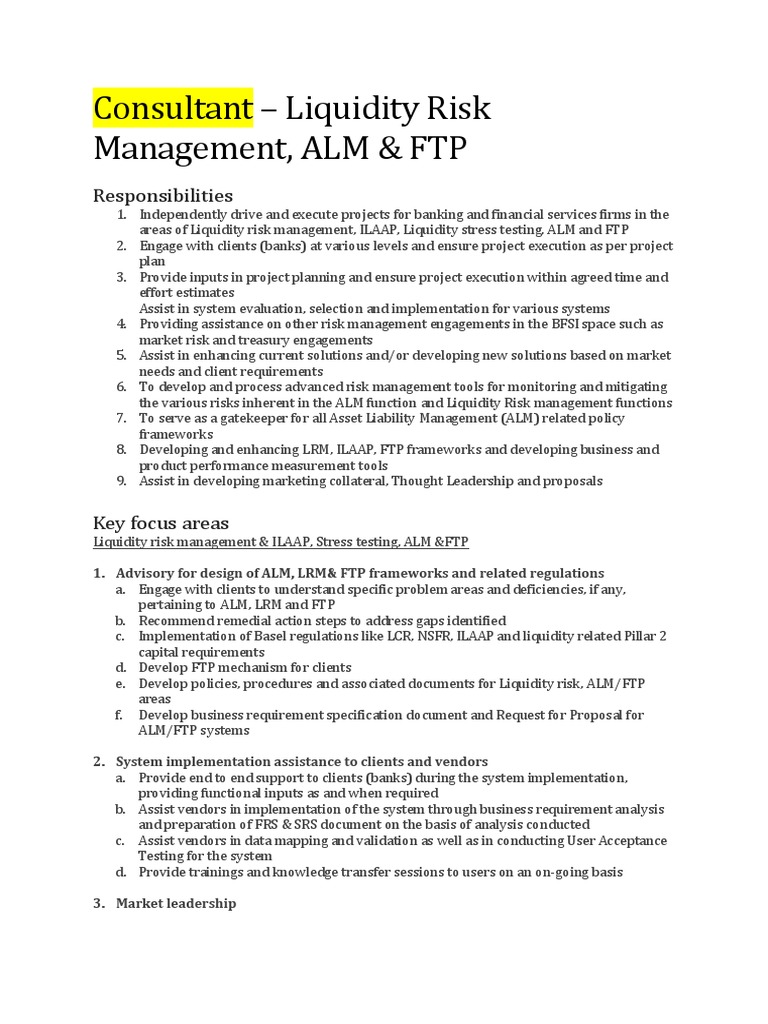 JD - Liquidity Risk ALM and FTP | PDF | Market Liquidity | Risk Management