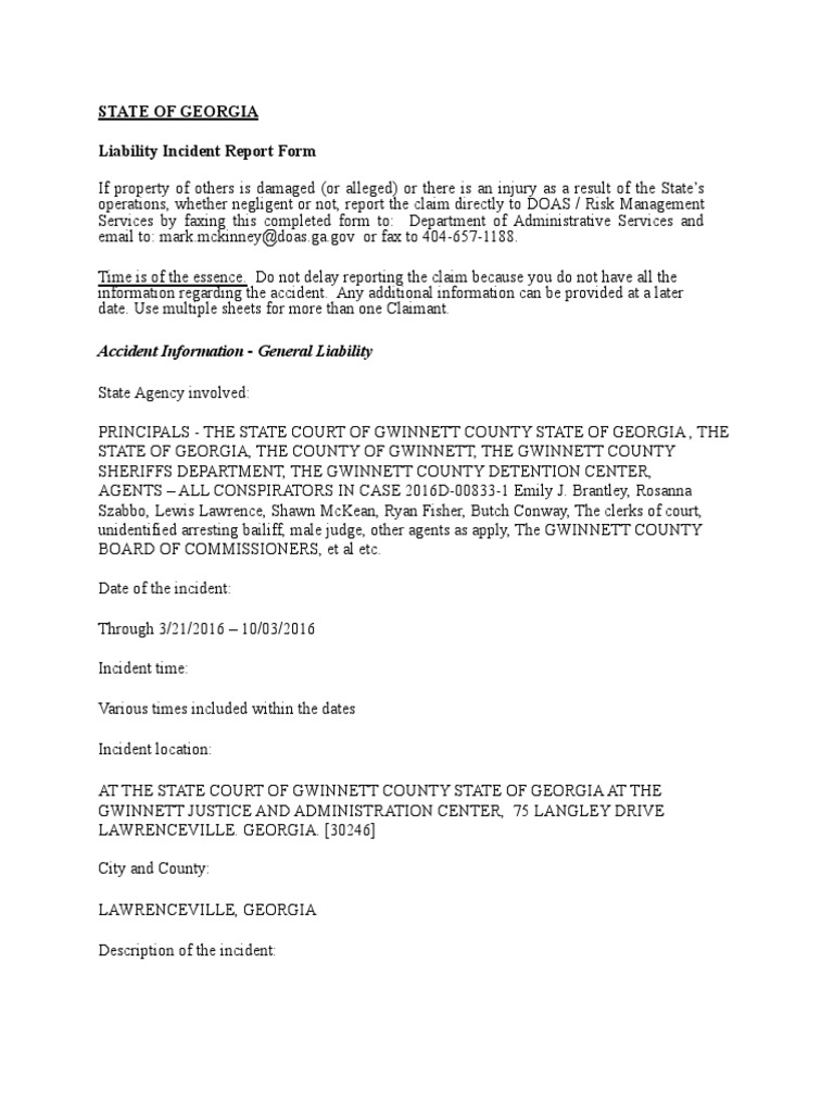 State of Georgia Liability Incident Report Form: Accident Information ...