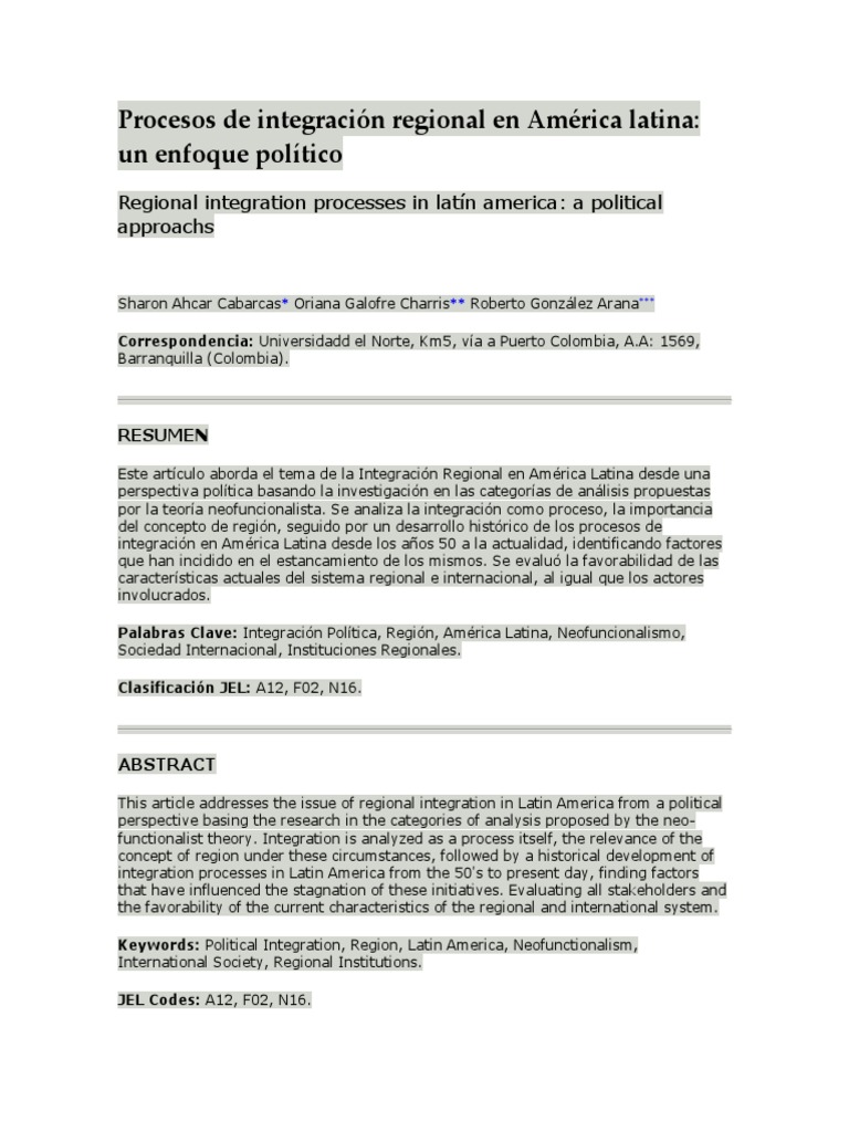 Regional Integration Processes in Latin America: A Political Approach ...