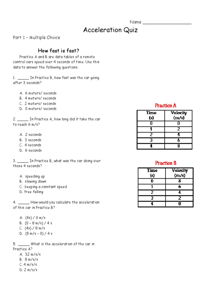 Acceleration Quiz: How Fast Is Fast? | PDF | Acceleration | Velocity
