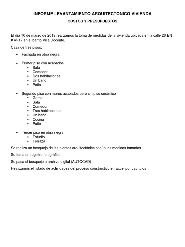 Informe Levantamiento Arquitectónico Vivienda | PDF