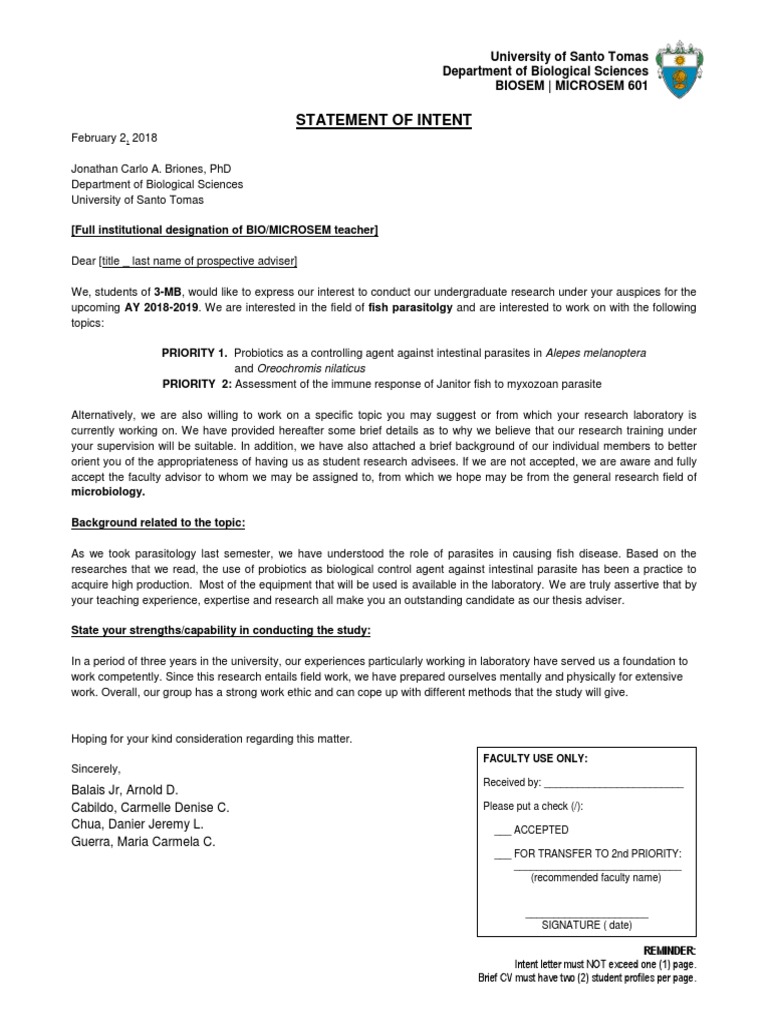 Statement of Intent - Template | PDF | Thesis | Parasitology