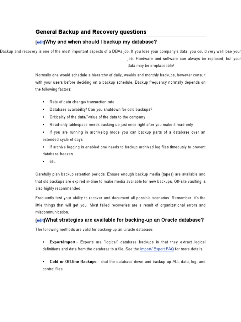 General Backup and Recovery Questions: Why and When Should I Backup My Database? | PDF | Backup ...