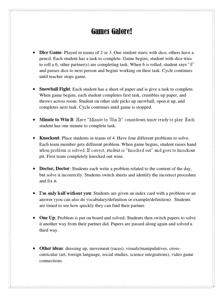 Engaging Classroom Games Galore! | PDF | Self-Improvement