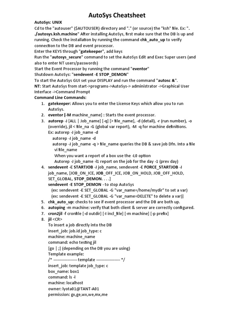 Autosys Cheatsheet Autosys Unix Autosys Kshmachine After Installing Autosys First Make 2069