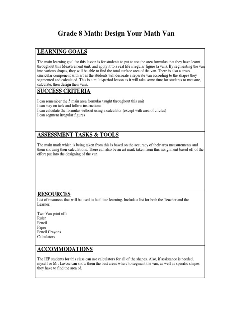 Design Your Math Van | PDF | Teachers | Teaching
