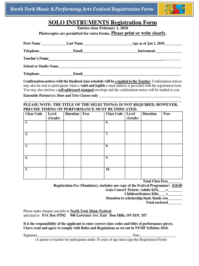 SOLO INSTRUMENTS Registration Form: North York Music & Performing Arts ...