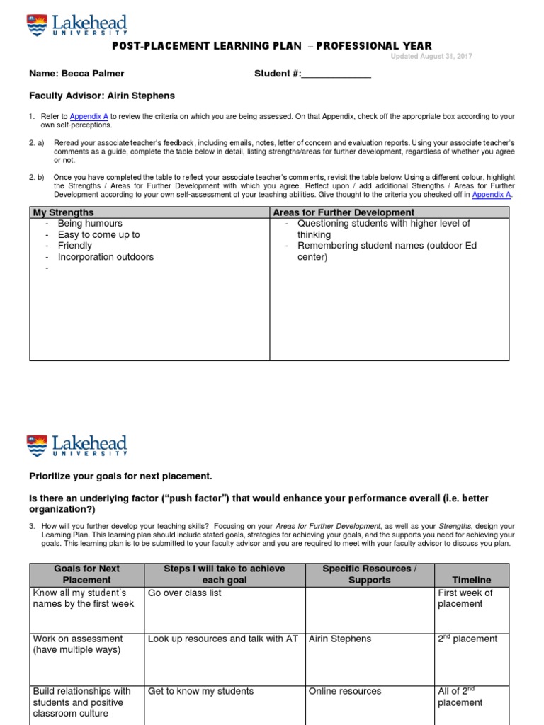Post-Placement Learning Plan - Professional Year | Download Free PDF | Goal | Teachers
