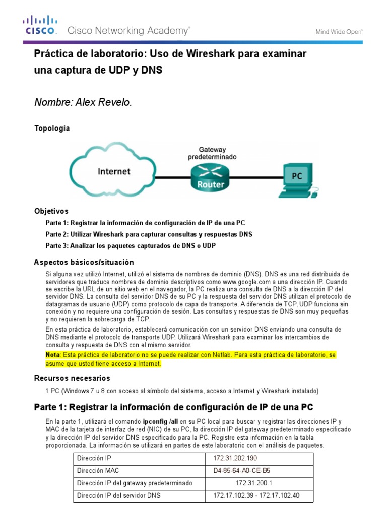 9.2.3.5 Lab Using Wireshark To Examine A UDP DNS Capture | PDF | sistema de nombres de dominio ...