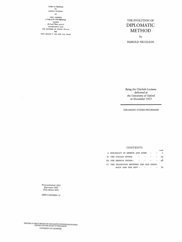 NICOLSON, Harold - The Evolution of Diplomatic Method PDF | PDF