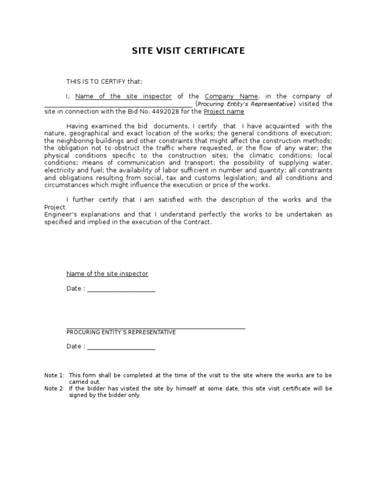 Site Visit Certificate