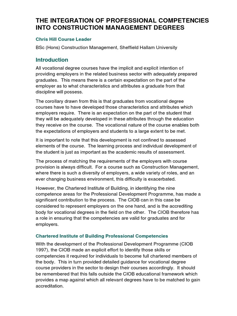 The Integration of Professional Competencies Into Construction ...