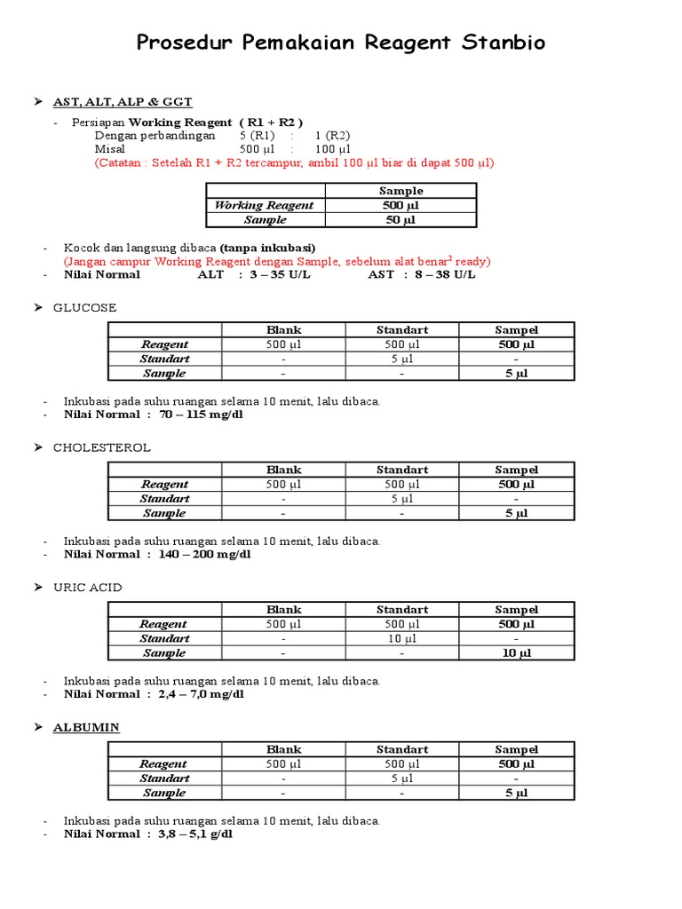 Prosedur Reagent & Sampel Stanbio Lengkap | PDF