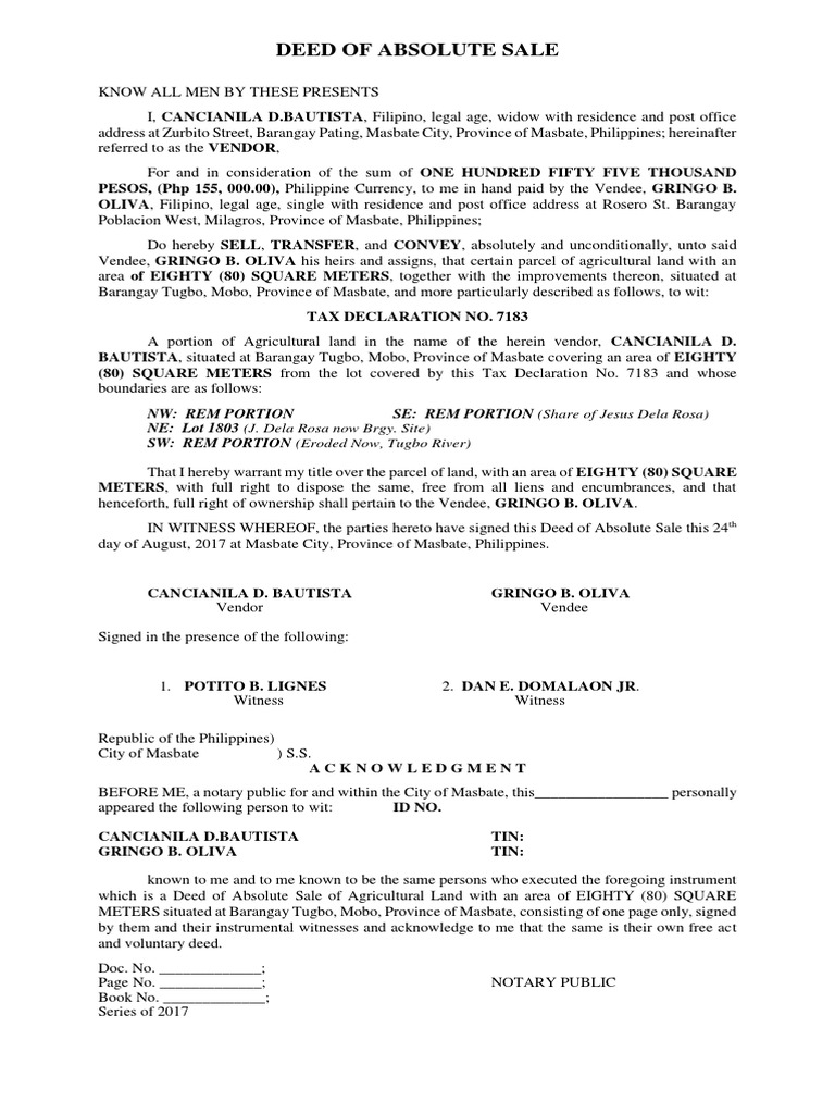Deed of Absolute Sale | PDF | Land Law | Natural Resources Law