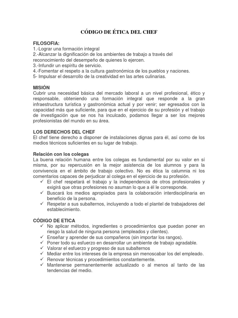 Código de Ética Del Chef | PDF | Creatividad | Science