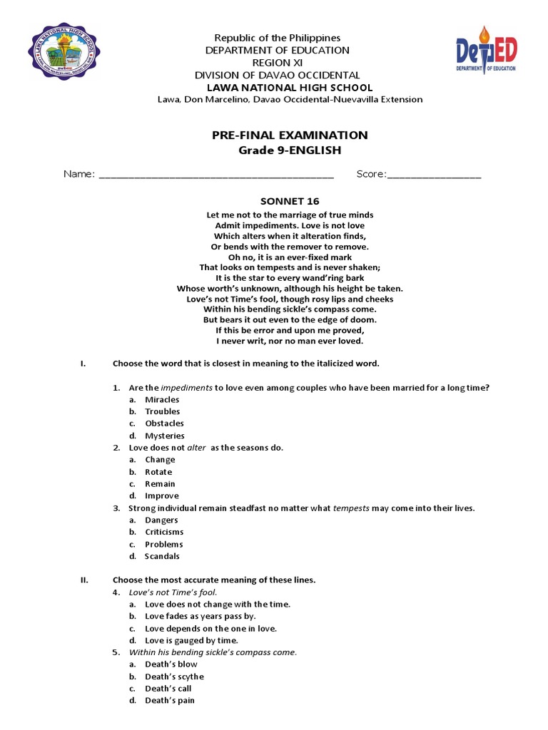 Pre-Final Examination Grade 9-ENGLISH | PDF