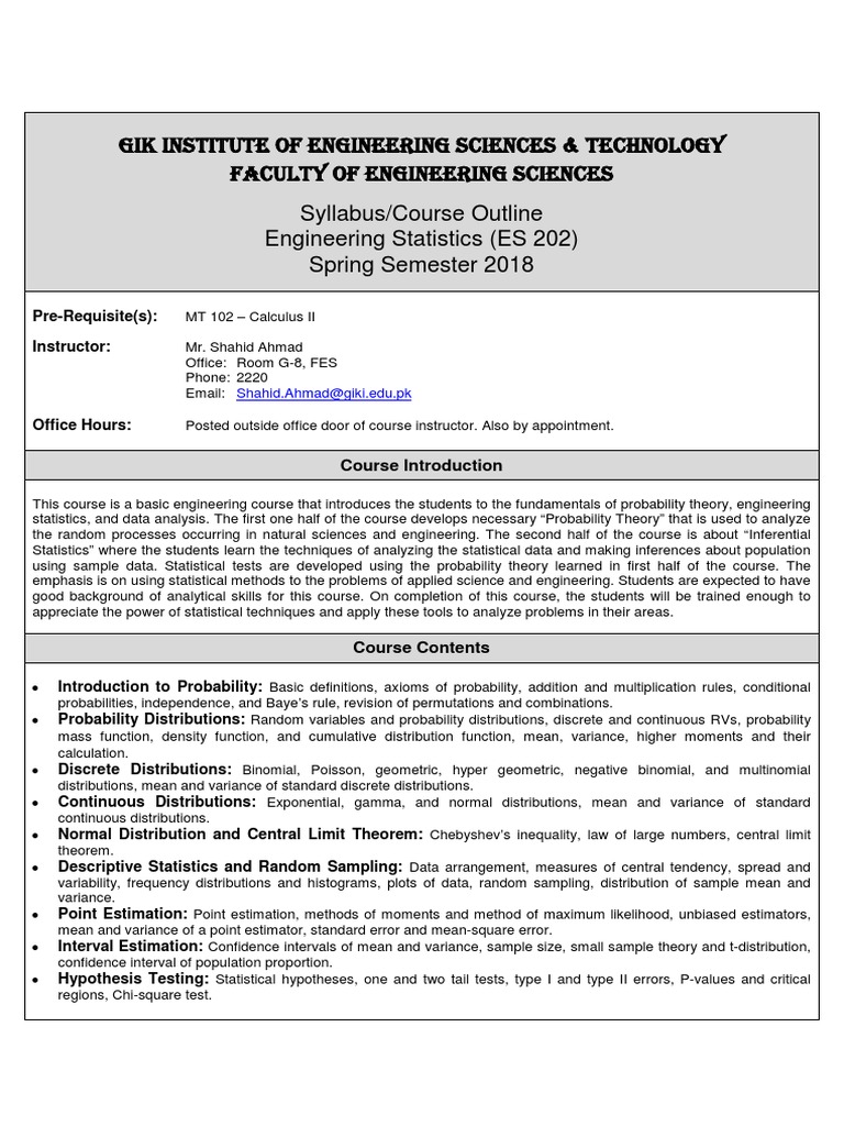 Course Outline - Probability and Statistics For Engineers (ES 202 ...