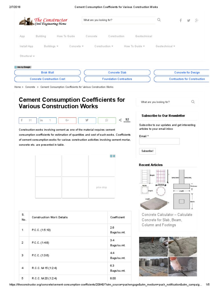 Cement Consumption Coefficients For Various Construction Works | PDF ...