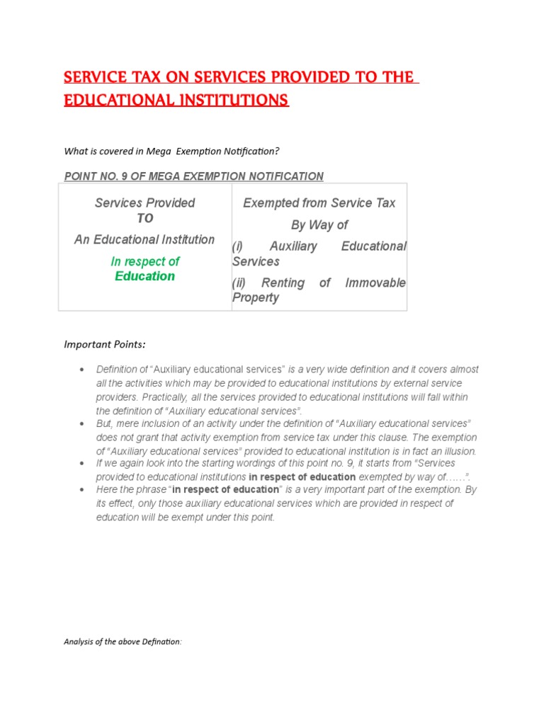 Service Tax On Services Provided To The Educational Institutions | PDF ...