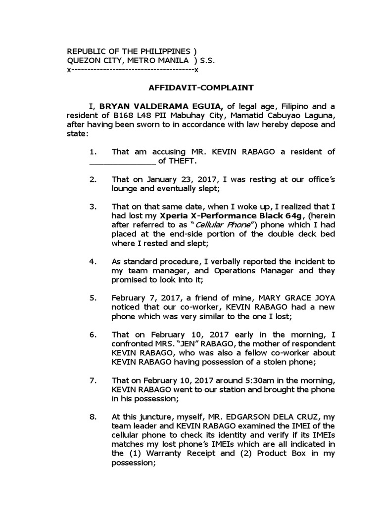 Theft Complaint Affidavit Sample | PDF | Theft | Common Law